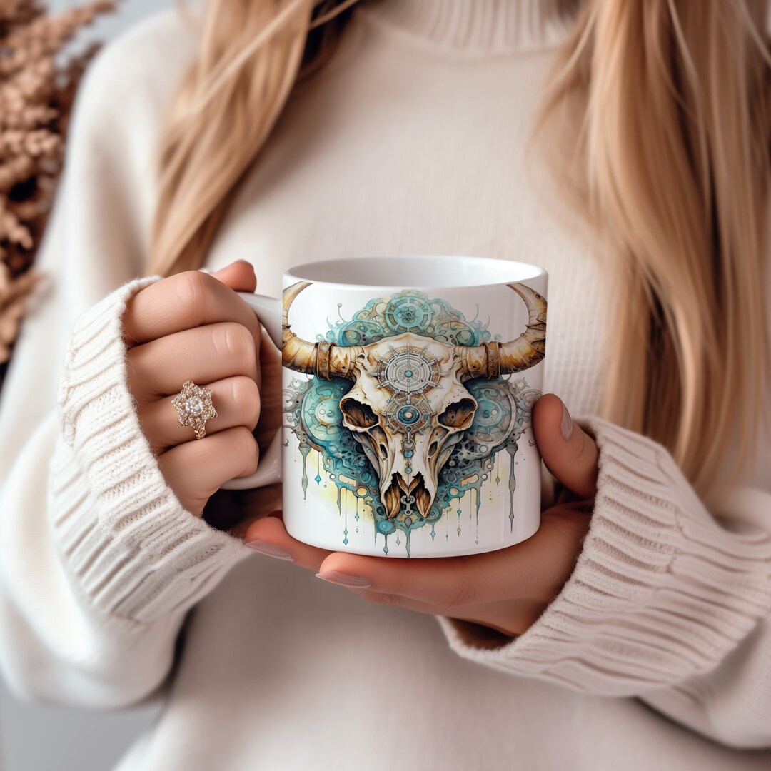 Vintage Steampunk Bull Skull Mug, Unique Decorative Coffee Cup, Gothic ...
