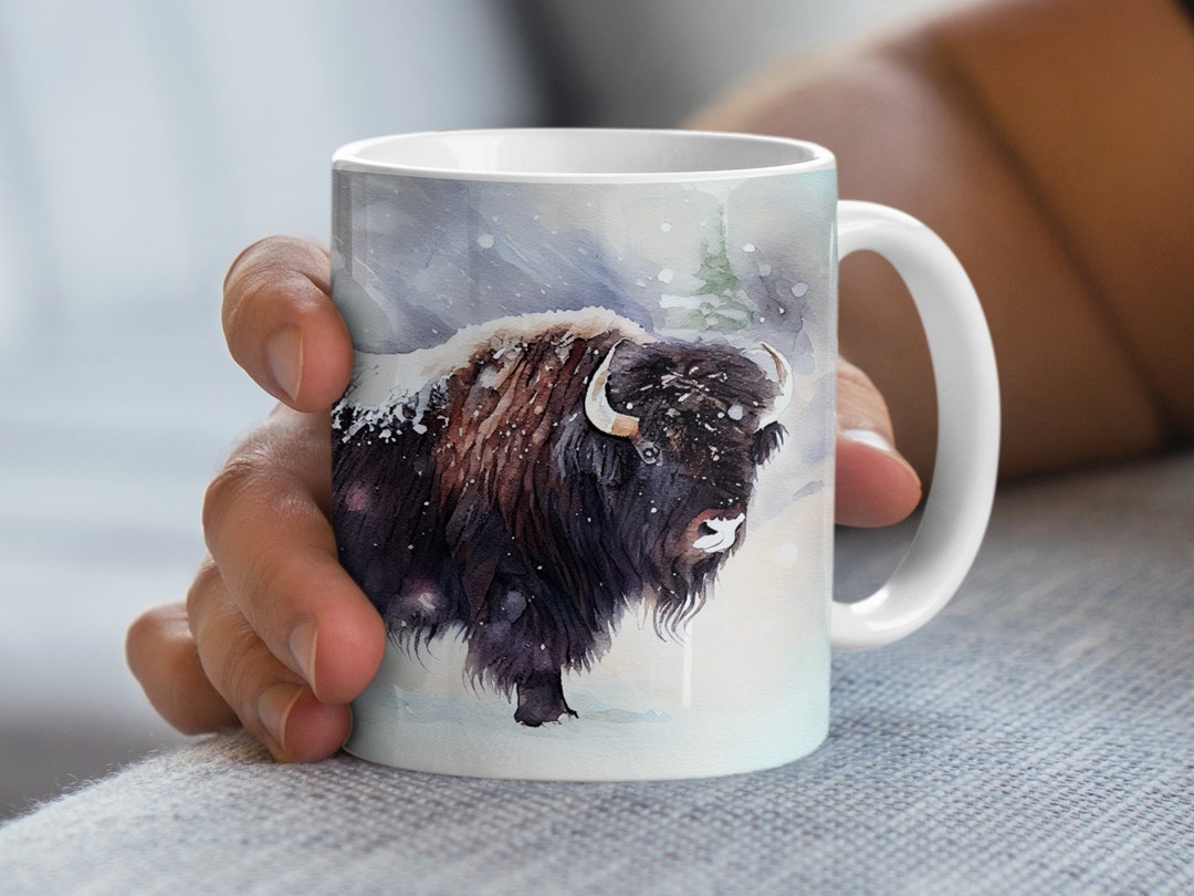 Winter Bison Mug, Snowy Landscape Watercolor Buffalo, Rustic Cabin ...