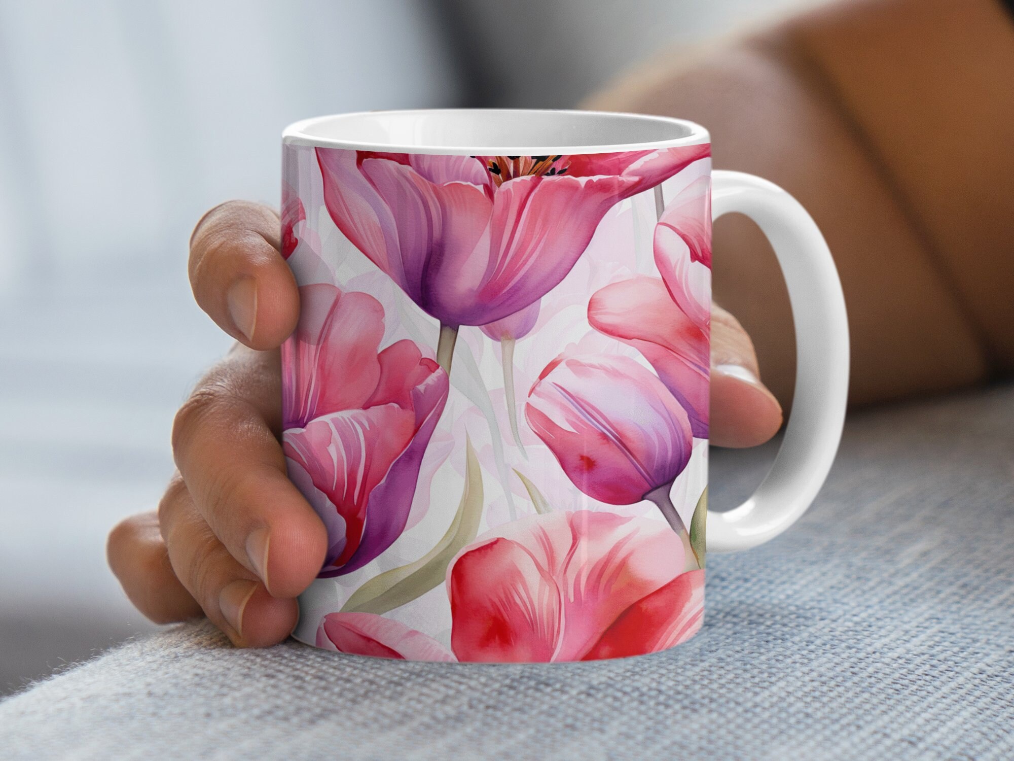 Floral Mug, Pink Tulip Reflection Design, Elegant Coffee Cup, Gift for ...