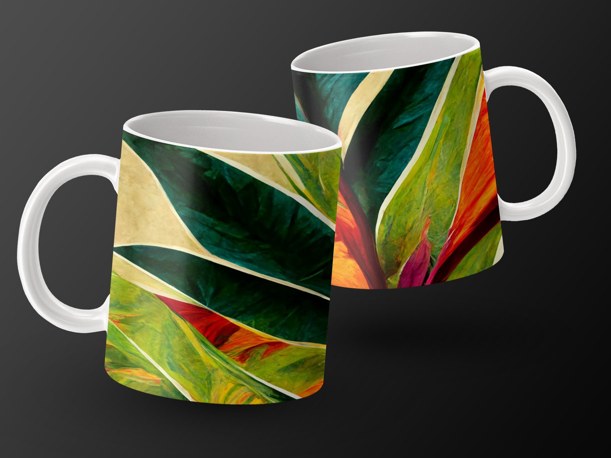 Tropical Leaf Design Coffee Mug, Colorful Botanical Artwork Cup, Exotic ...