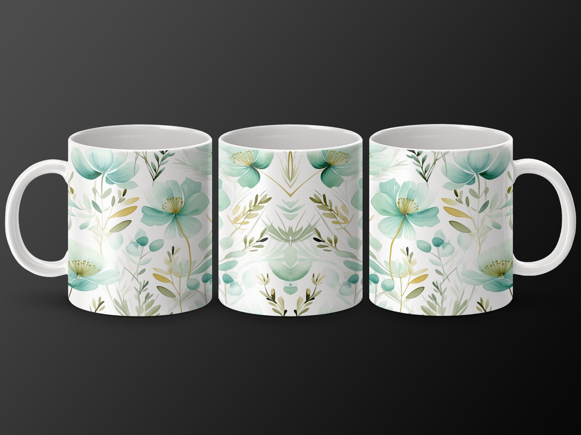 Elegant Floral Mug, Pastel Green and Gold Flowers, Symmetrical Design ...