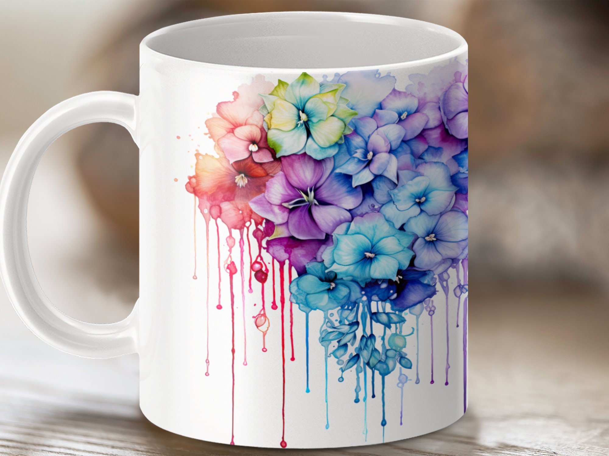 Watercolor Hydrangea Mug, Vibrant Floral Art Mug, Colorful Flower Mug ...