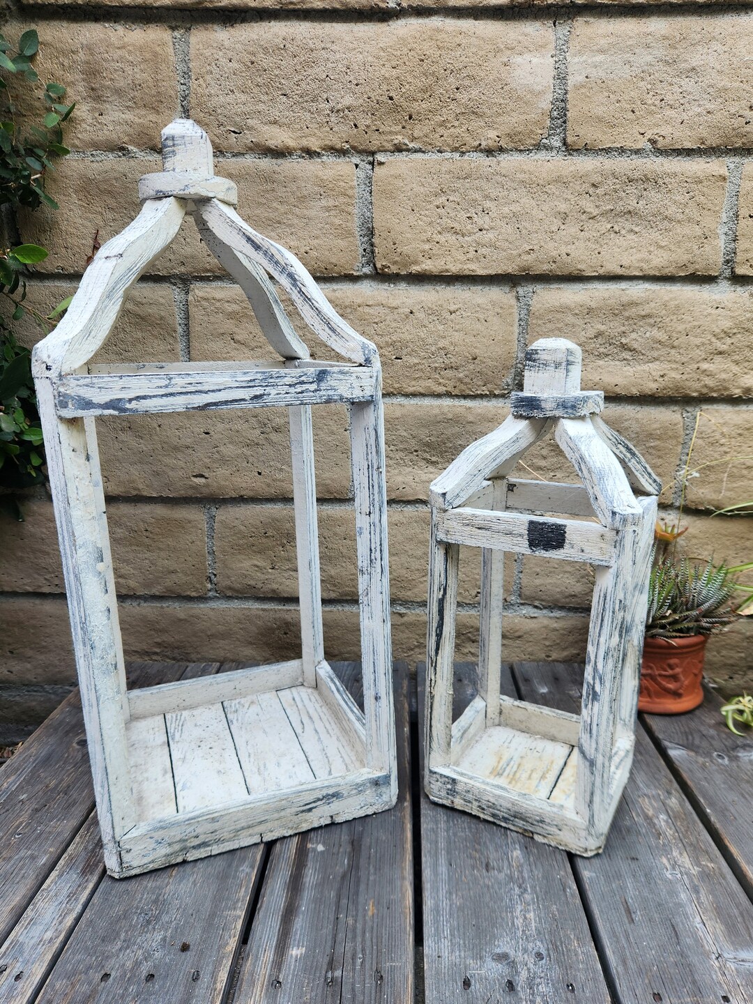Set of 2 Large Canopy Wood Lantern Cage Primitive Farmhouse Decor ...
