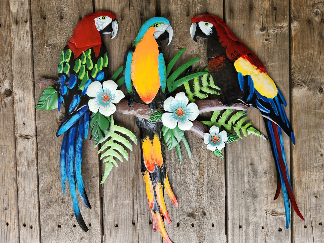 Large Bright Colorful Hand-painted 3 Parrots Wall/fence Decor Wall ...
