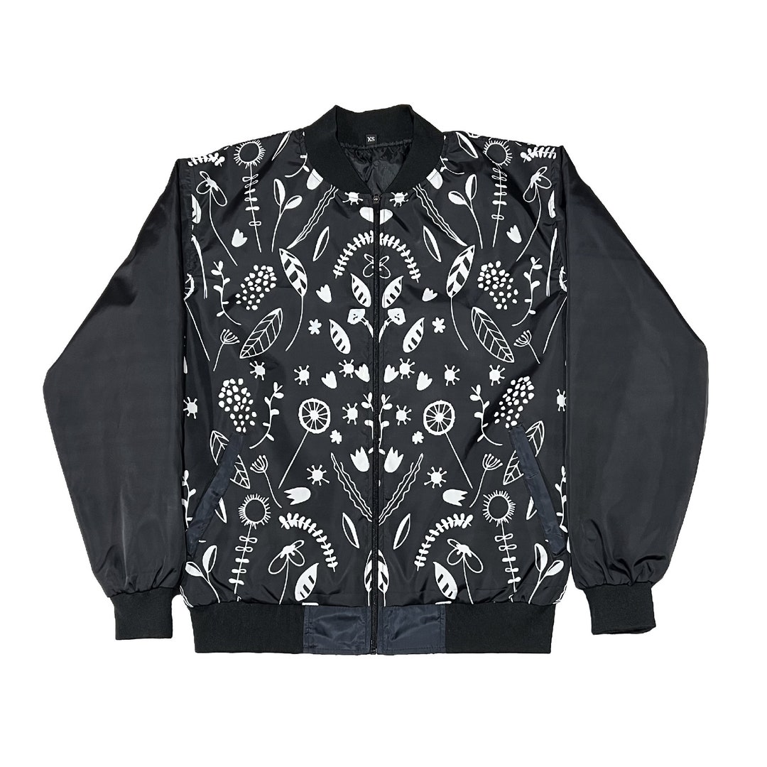 Black Doodle Bomber Jacket | Black All Over Print Letterman Jacket ...
