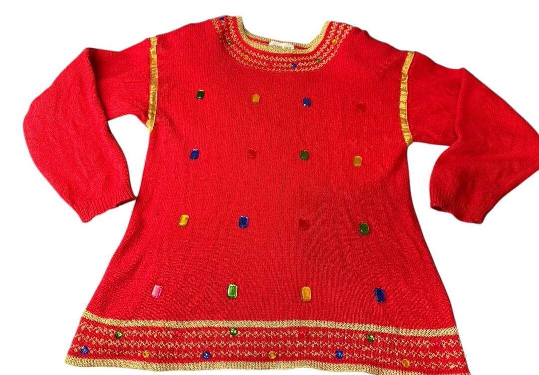 Vintage Victoria Jones Medium Sweater Jeweled Red & Gold Ugly Christmas ...