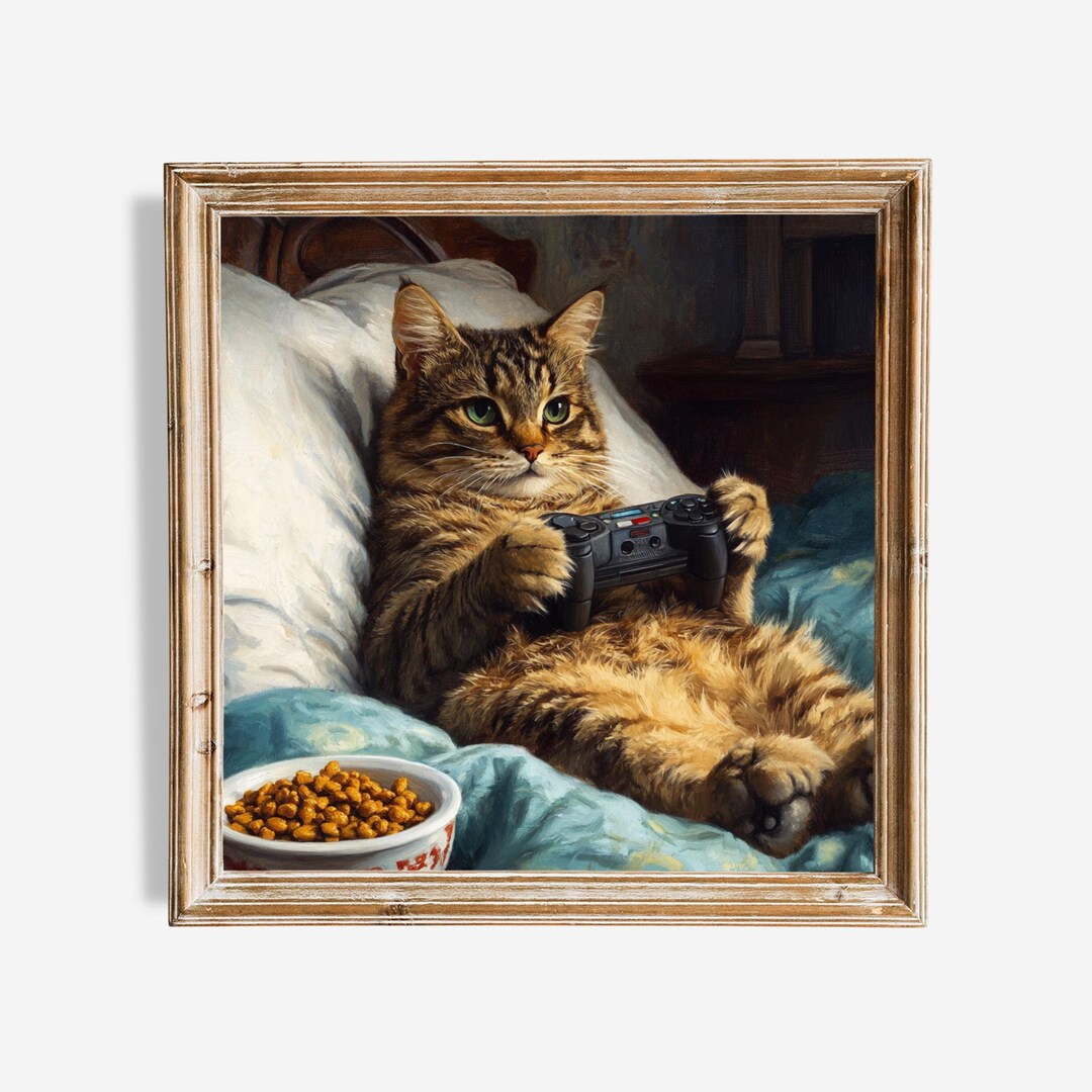 Cat Playing Video Games Painting Poster Print | Funny Cat Wall Art ...