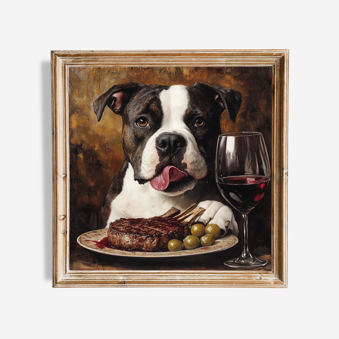 Pit Bull Dinner Painting Poster Print | Funny Dog Wall Art | Whimsical ...