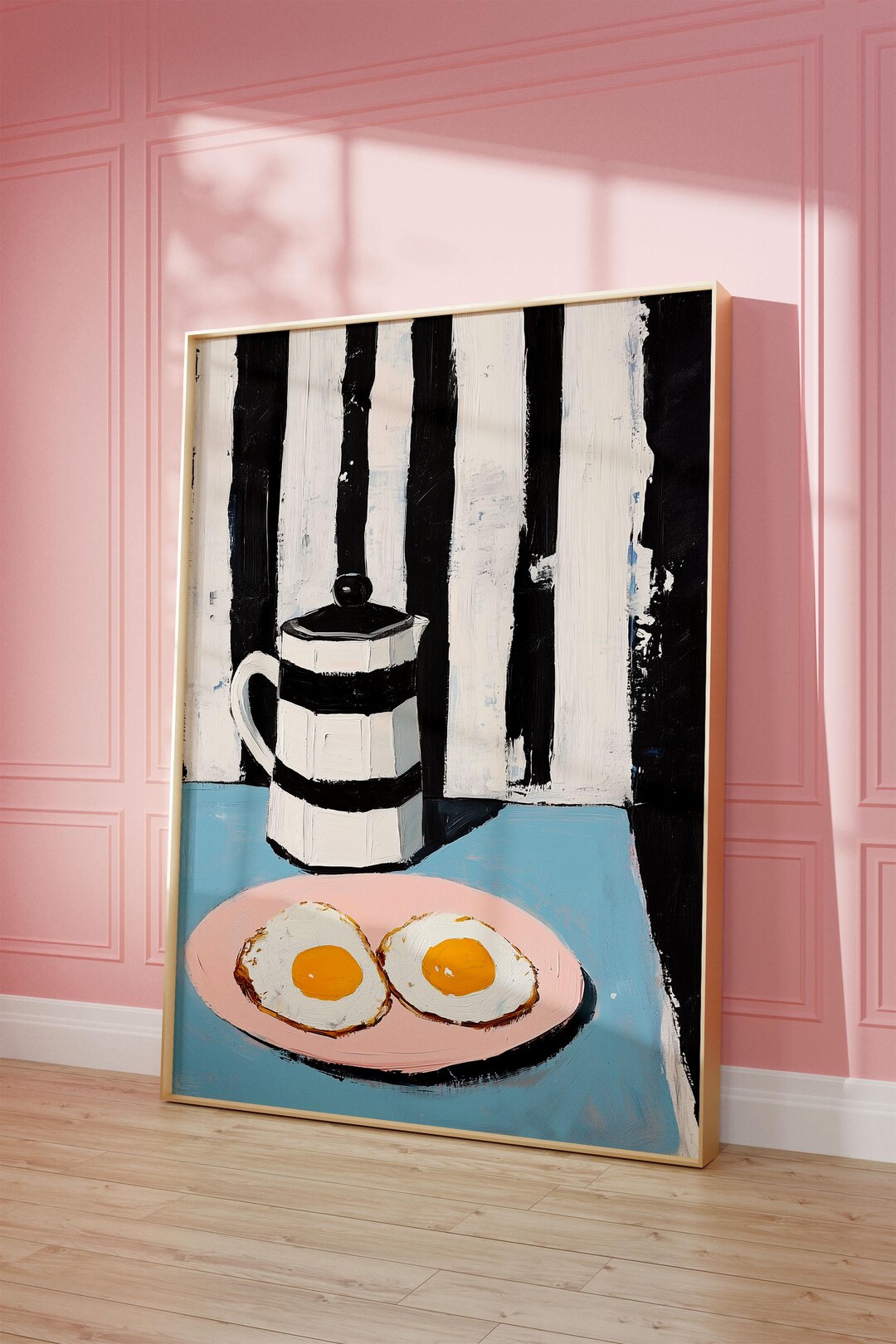 Black and White Stripes Breakfast Poster Eggs Eclectic Print Abstract ...