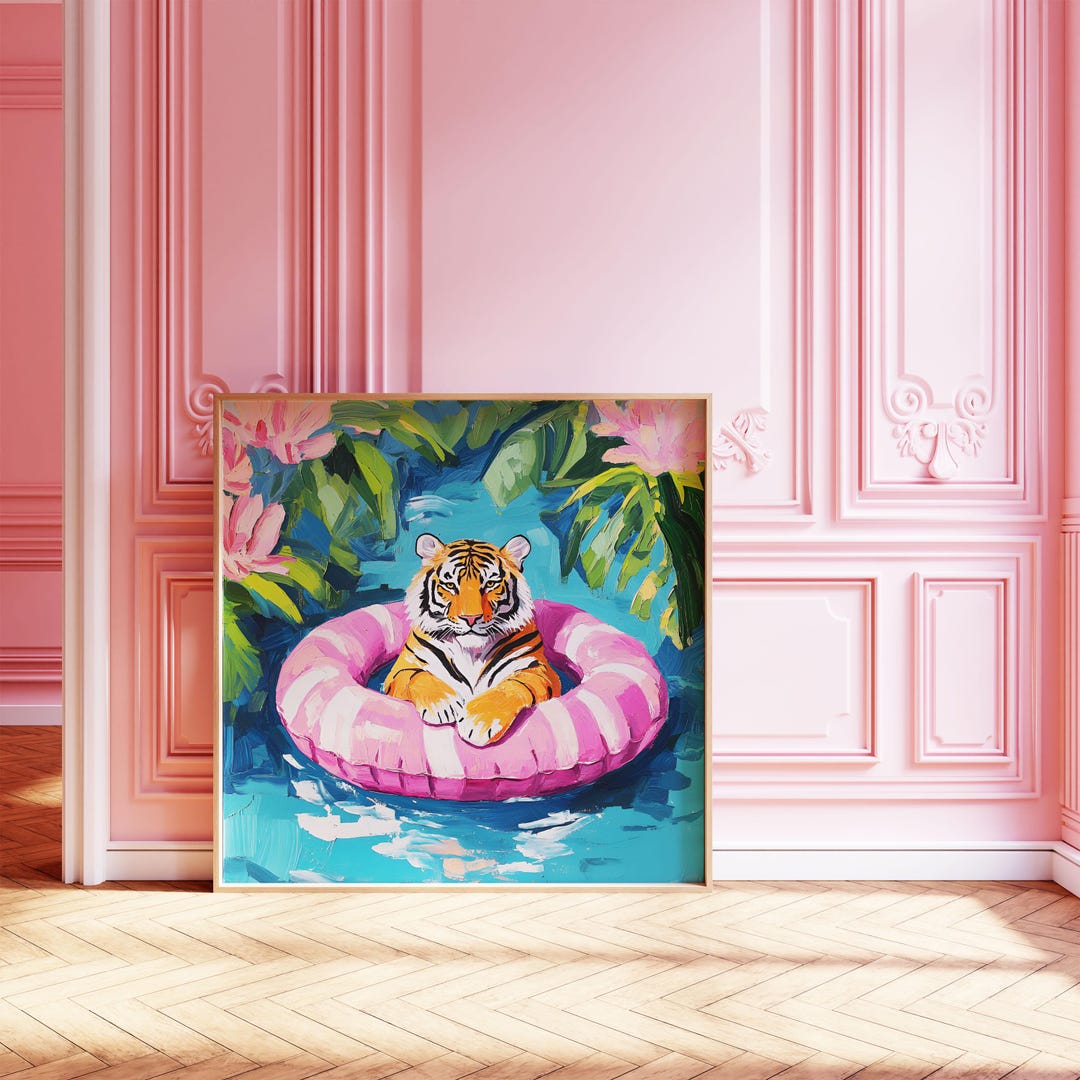 Tiger in Pool Maximalist Poster Wall Art Print | Pink Luxury Animal ...