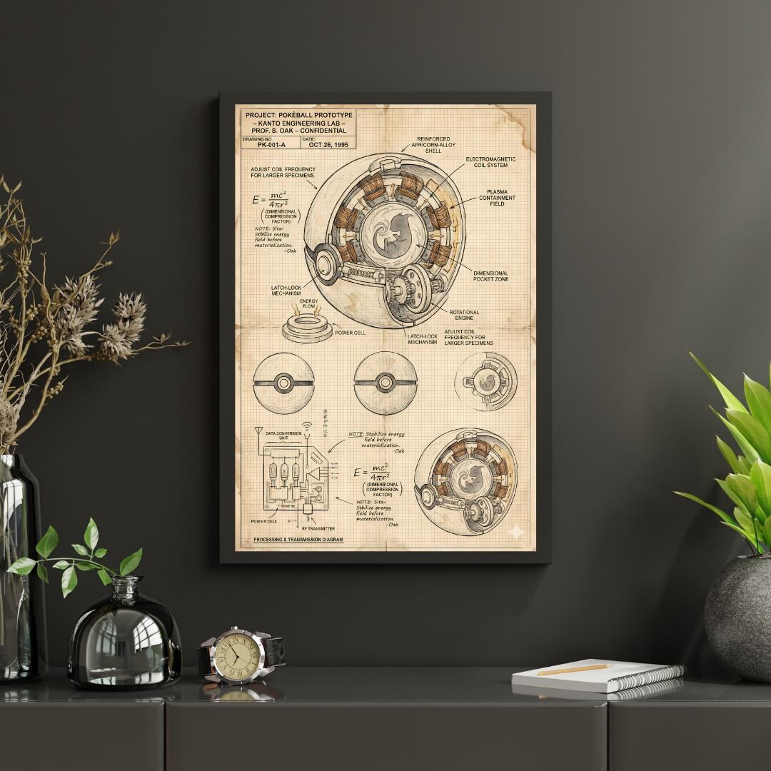Pokeball Blueprint Poster • Retro Pokémon-inspired Technical Diagram ...