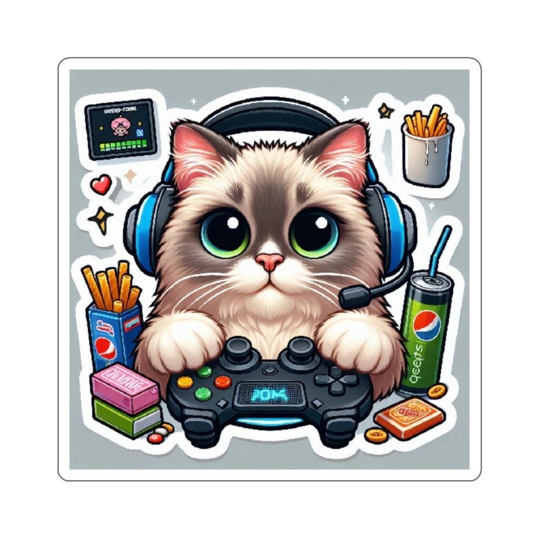 Digital Download, Gamer Cat Sticker, Cute Pet, Complete With Controller ...