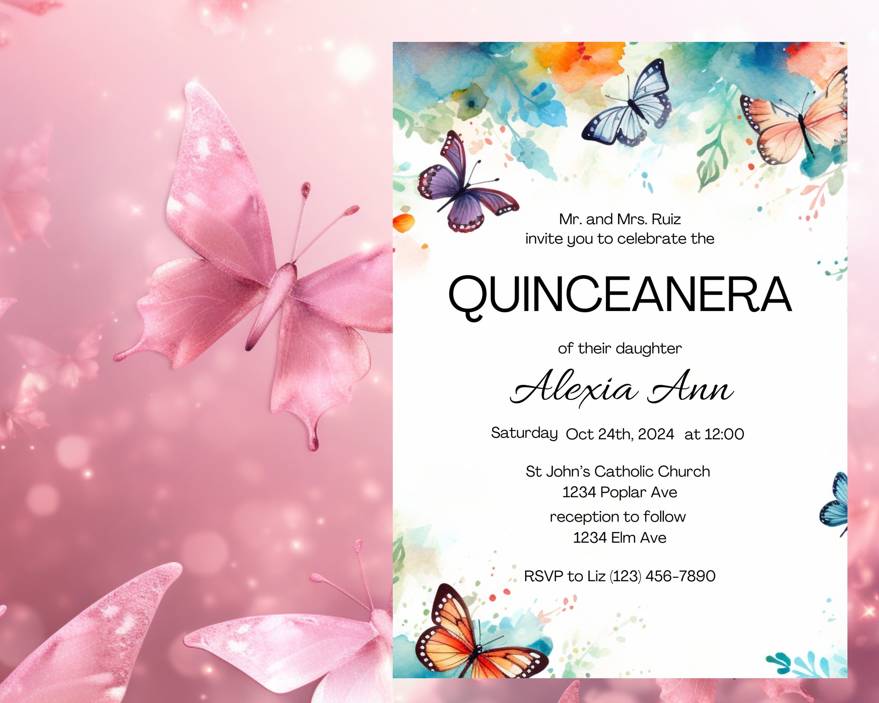 Editable Quinceanera Invitation Template Butterflies Mis Quince 15 Anos ...
