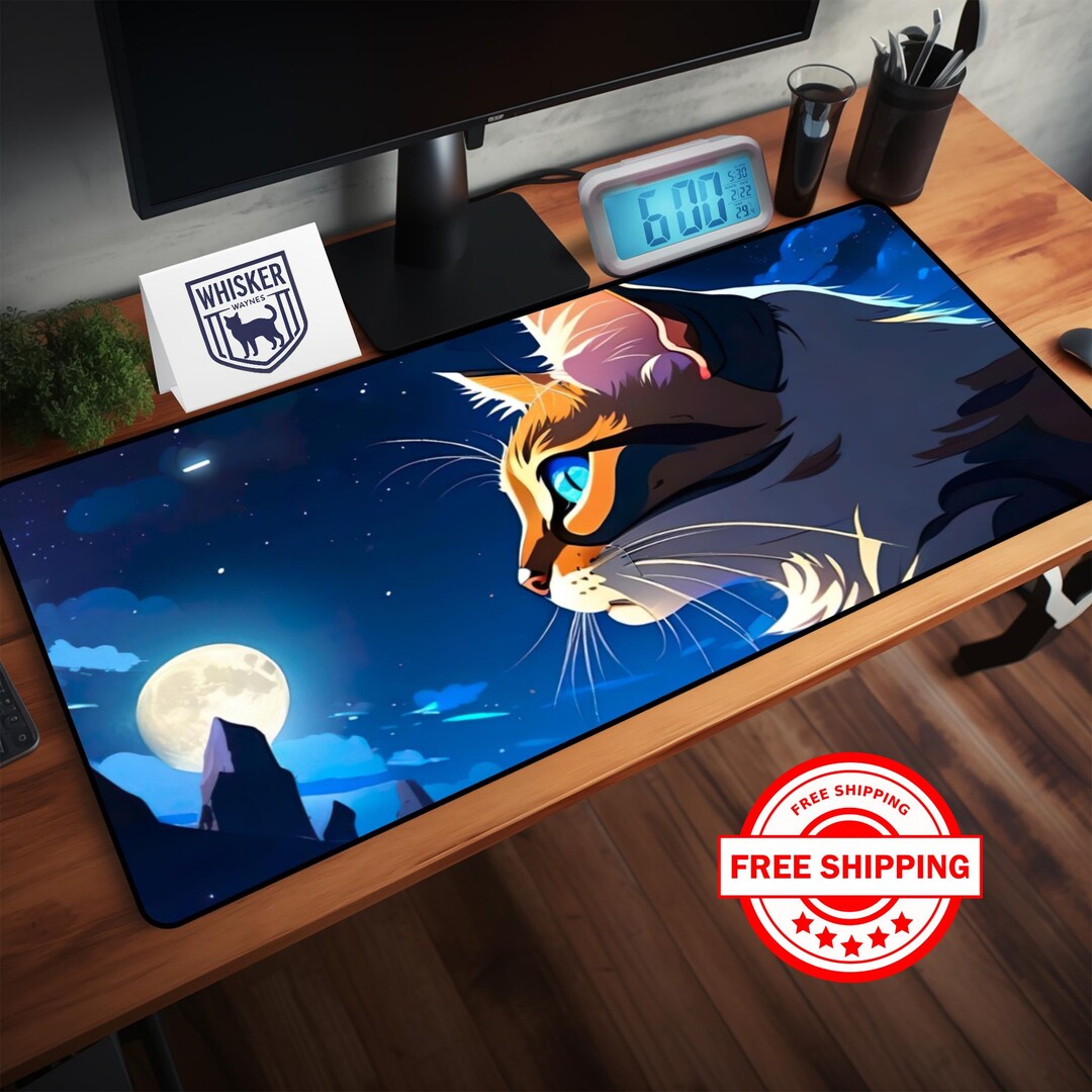 Anime Cat Mousepad - XL Blue Night Sky Desk Mat, Long Cartoon Gaming ...