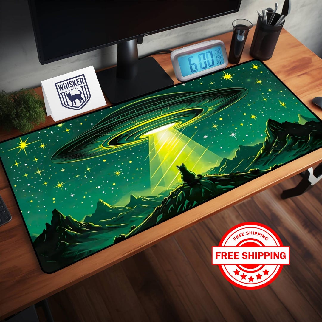 Kitty Abduction Desk Mat - UFO Gaming Mousepad, Black Cat Desk Pad ...