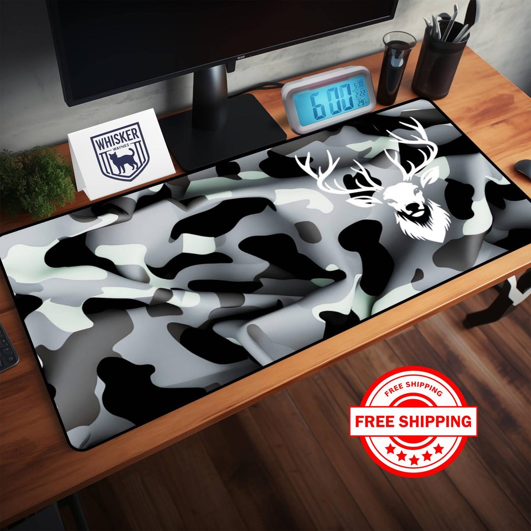 Deer Desk Mat - White Camo Gaming Mousepad, Buck Silhouette Desk Pad ...