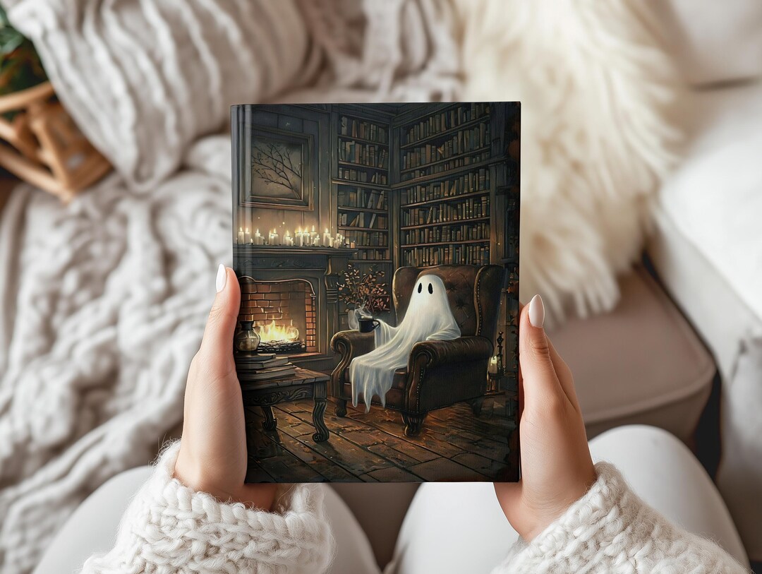 Ghost Journal Ghost With a Coffee Cup in a Cozy Library, Cute Ghost ...