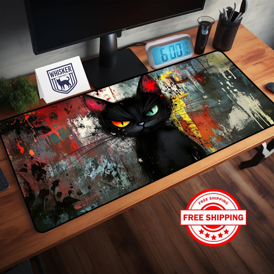 Graffiti Grunge Cat Desk Mat - Large Abstract Gaming Mousepad, Cat ...