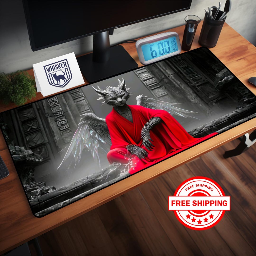 Fantasy Dragon Cat Desk Mat, Mythical Cat Monk in Red Cloak Mouse Pad ...