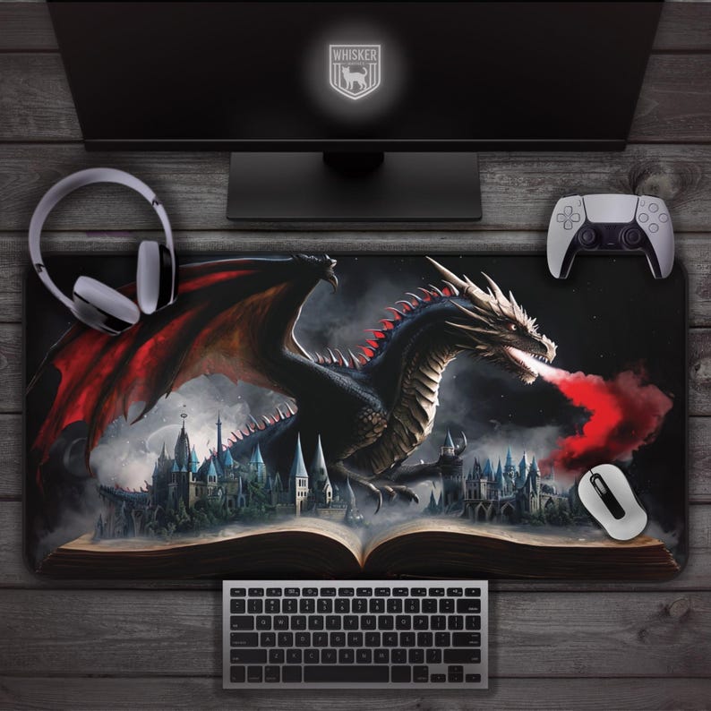 Dragon Desk Mat - XL Fantasy Gaming Mousepad, Red and Black Storybook ...