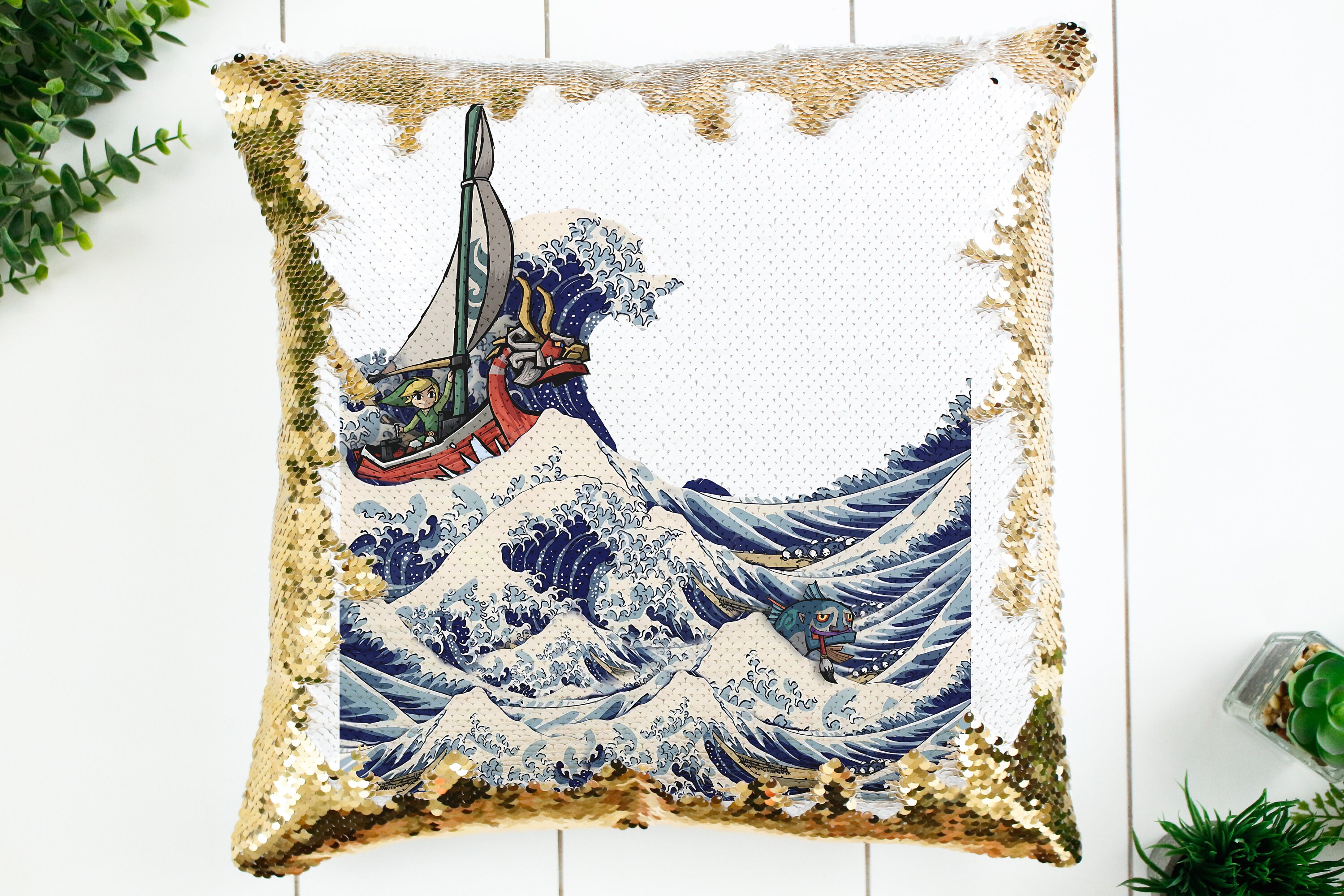 Legend of Zelda Windwaker the Great Wave off Kanagawa Sequin Pillow ...