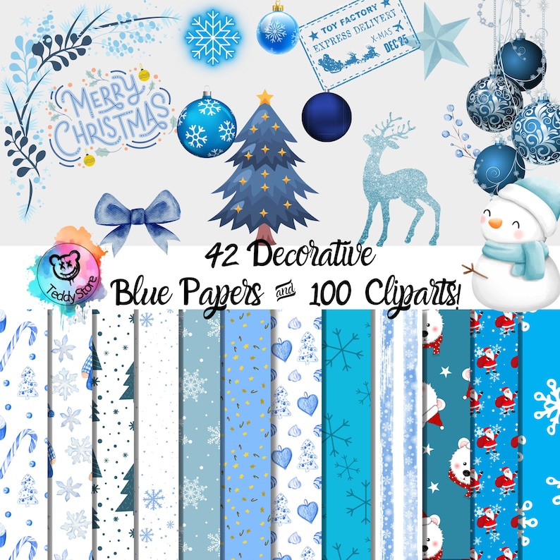 Printable Blue Christmas Digital Paper, Blues Cliparts, Fantasy Noel ...