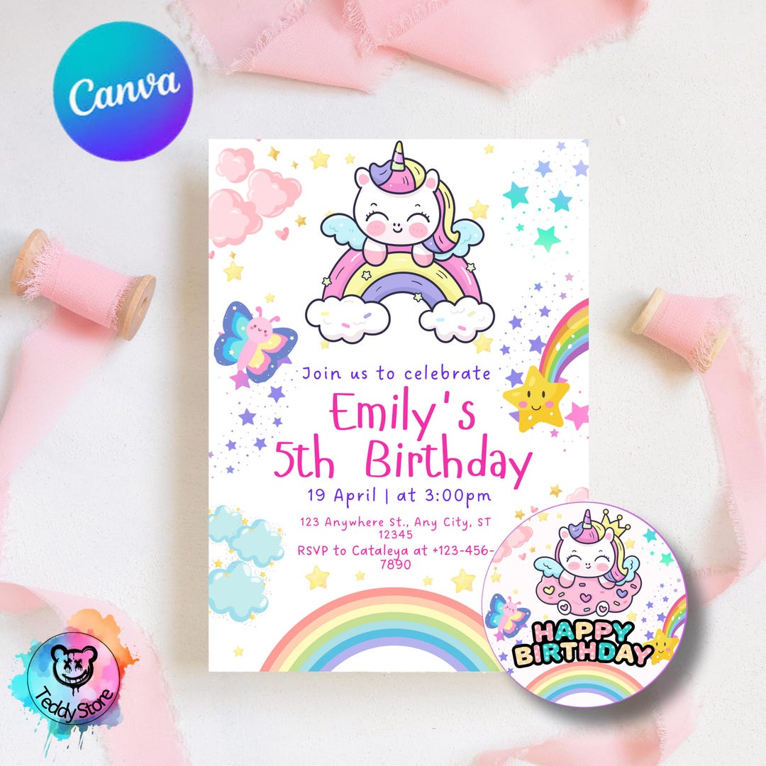 Editable Unicorn Rainbow Birthday Invitation Unicorns Rainbow Party ...
