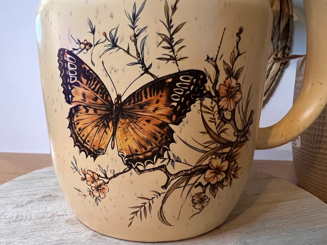 Rare Vintage Pottery Pitcher Butterfly and Flowers Speckled Stoneware ...