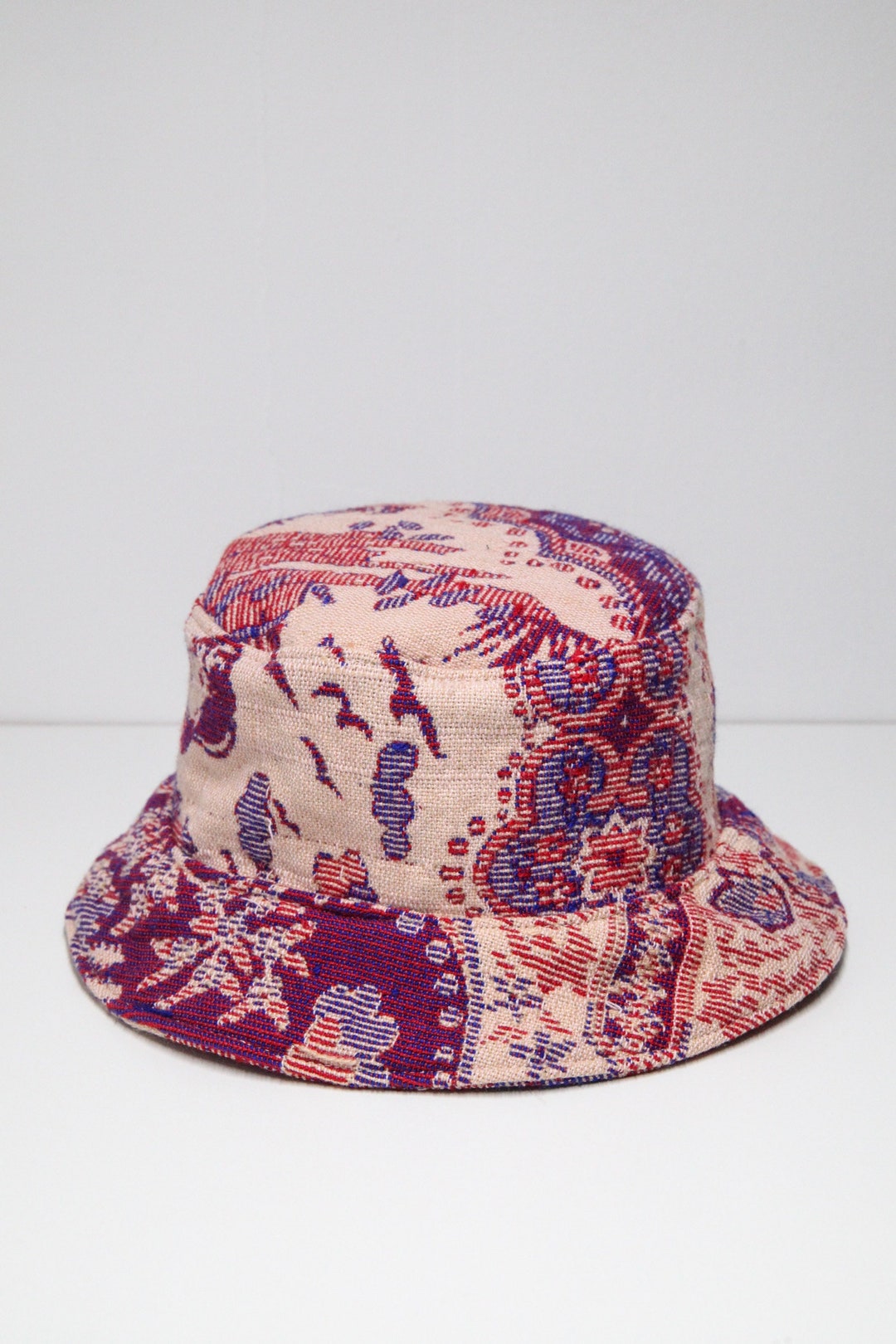 Bucket Hat With Woven Violet and Beige Retro Pattern, 100% Upcycled ...