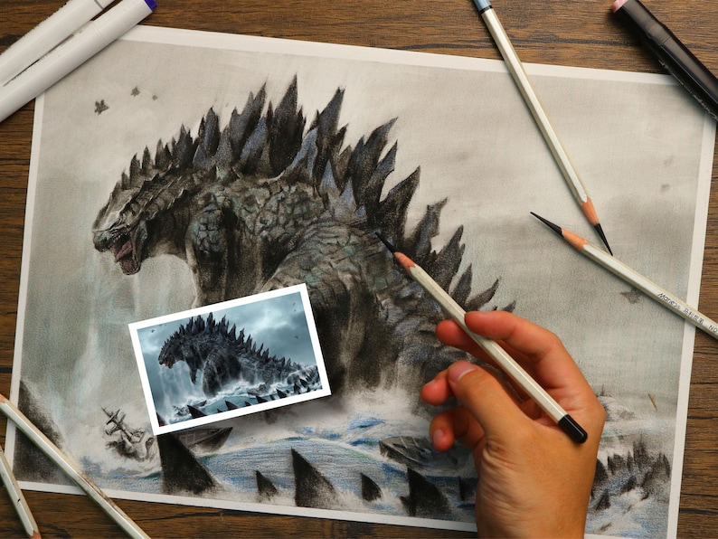 Handmade Godzilla Drawing | Original Kaiju Artwork | Movie Monster Art ...