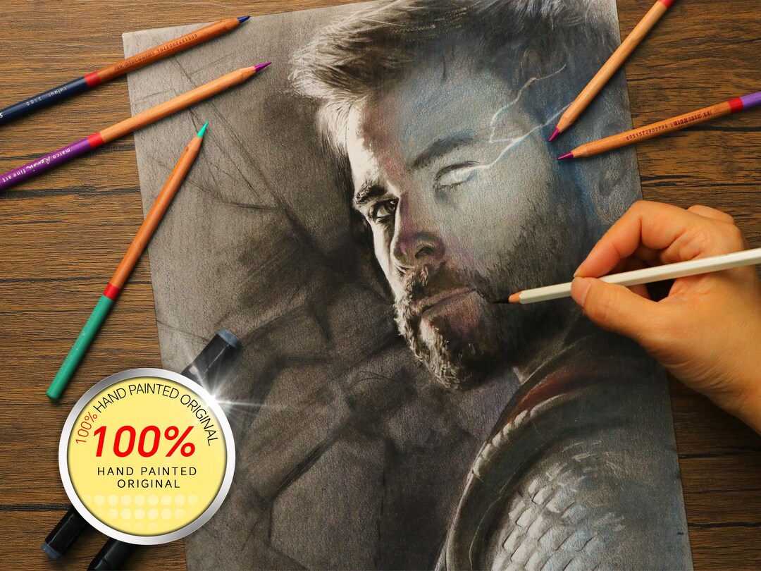 Handmade Thor Painting: Charcoal & Coloring Pencil Superhero Art - Etsy