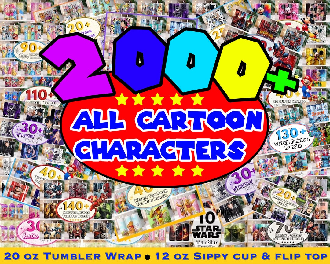 2,000 Cartoon Character Bundle, 20oz Sublimation Skinny Tumbler, All ...