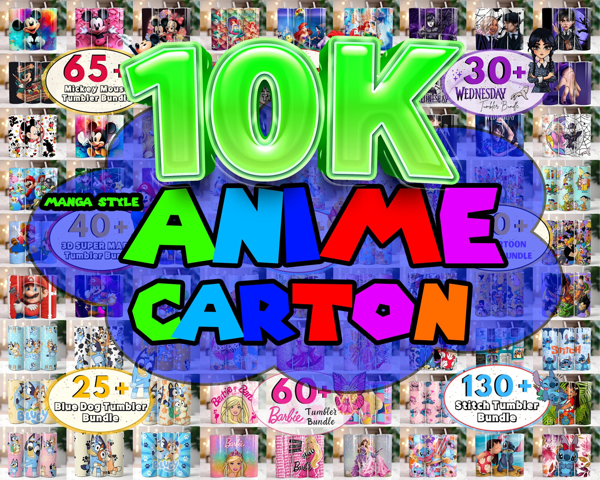 10,000 Cartoon Character Bundle 20oz Sublimation Skinny Tumbler All ...