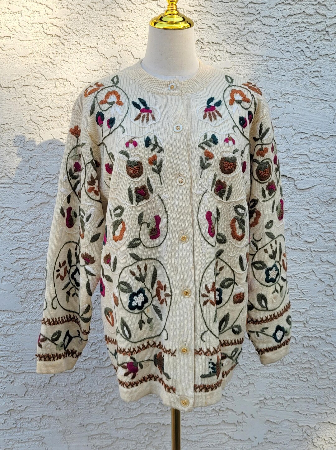 Vintage100%wool Handmade Knit Cardigan 3D Floral Embroidered Sweater ...