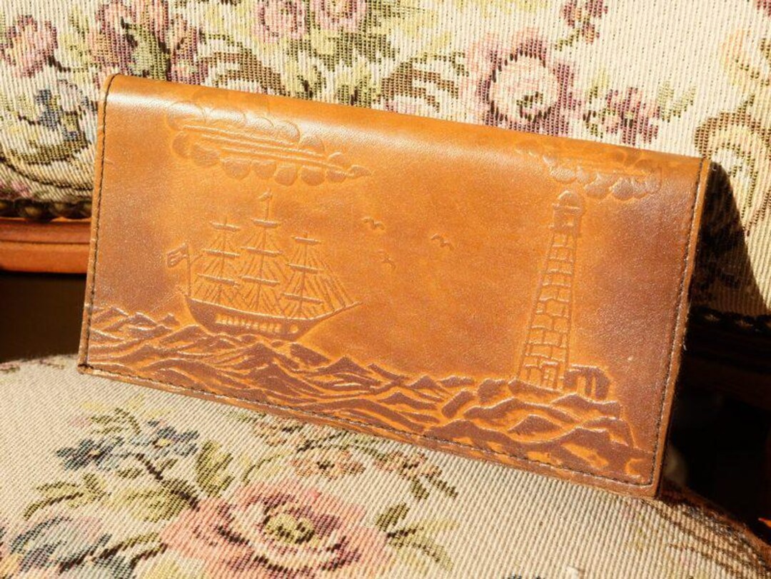 Vintage Sailor Ship Wallet 1980s American Leather Carving Handmade Two ...
