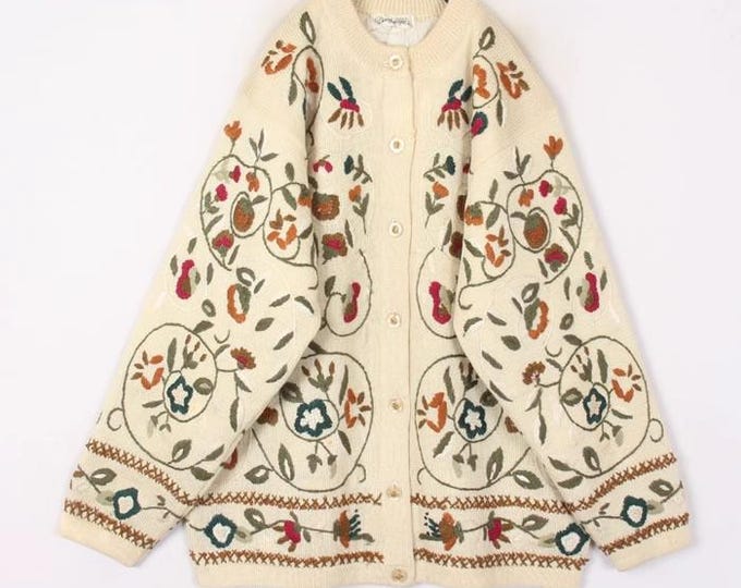 Vintage 100% Wool Handmade Knit Cardigan 3D Floral Embroidered Sweater ...