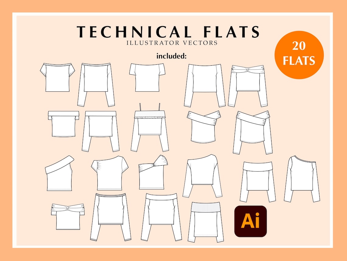 Streetwear Off-shoulder Top Vector Mockup Pack | Techpack Templates ...