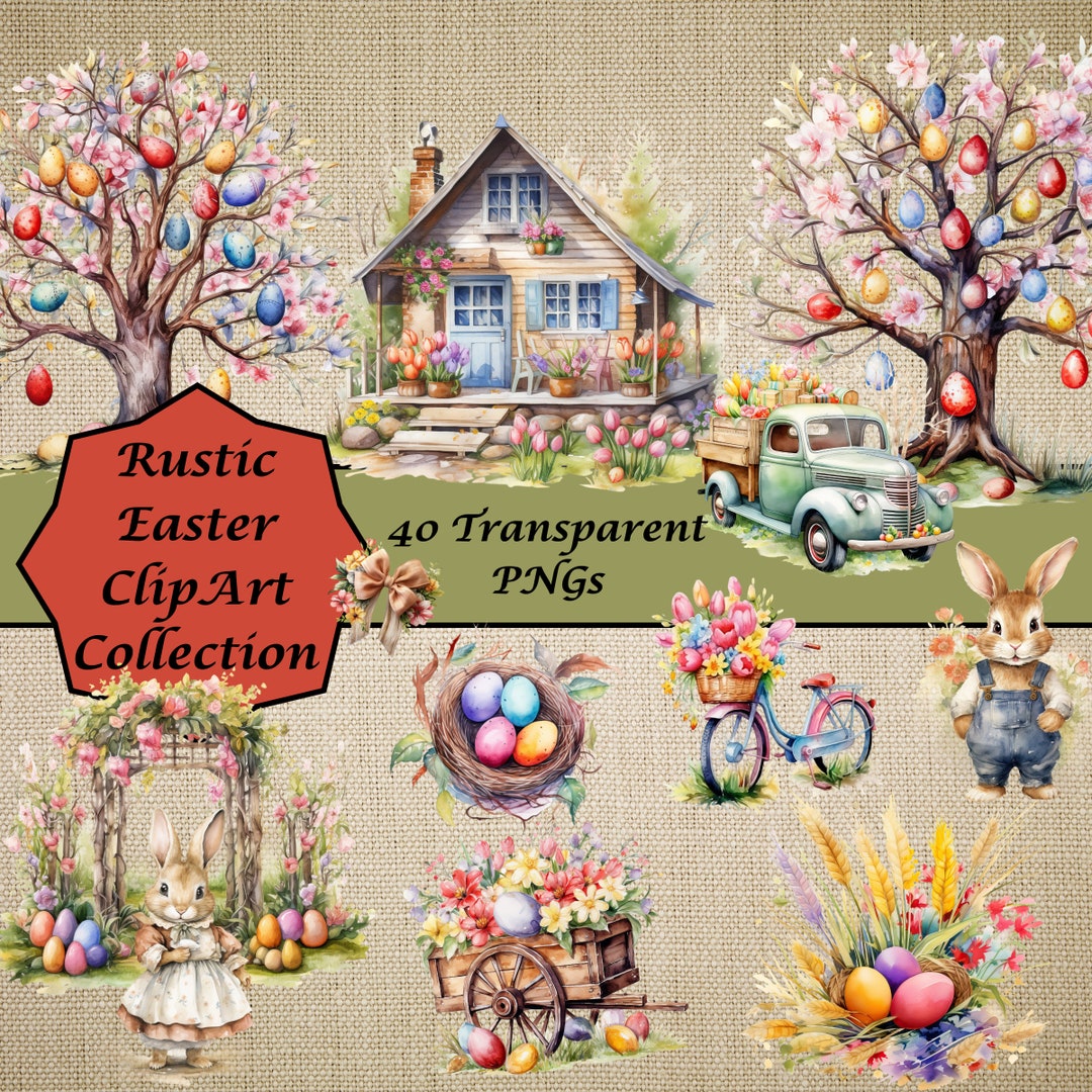 Rustic Easter Clipart. Rustic Scenes, Farm, Country, Eggs, Bunnies, 300 ...
