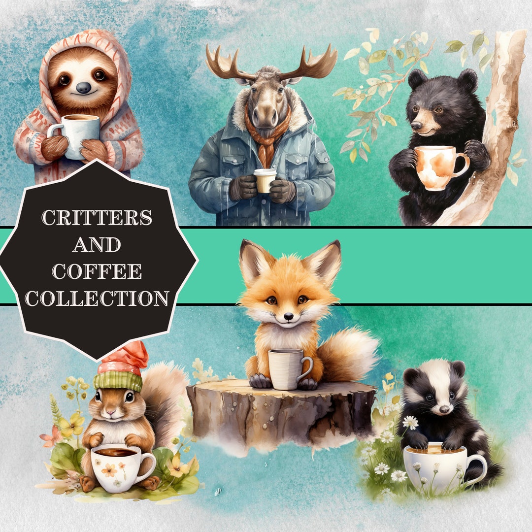 Cute Animals Enjoying Coffee. PNG, Instant Download, Transparent ...