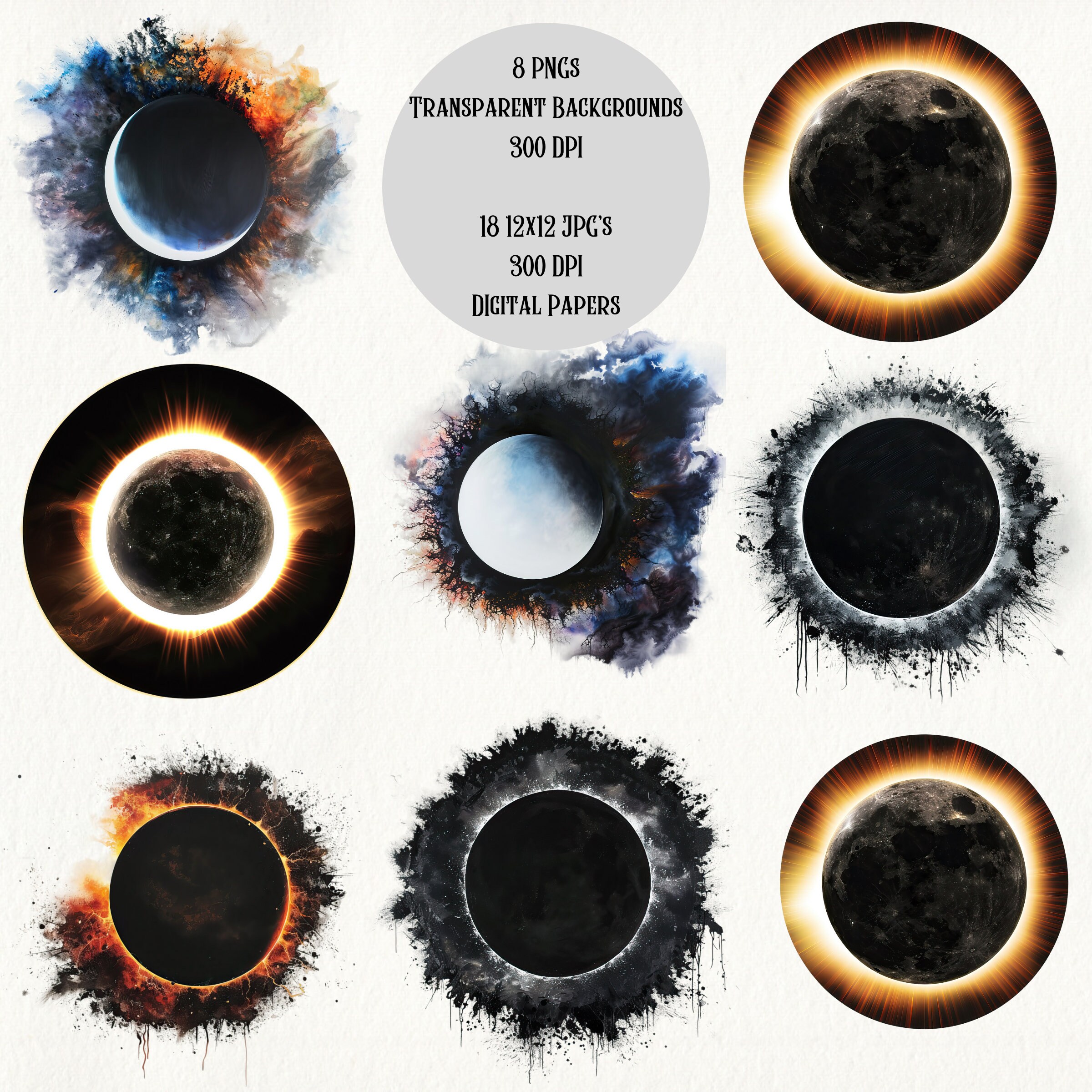 Solar Eclipse Clipart and Digital Papers. 8 Pngs With Transparent ...