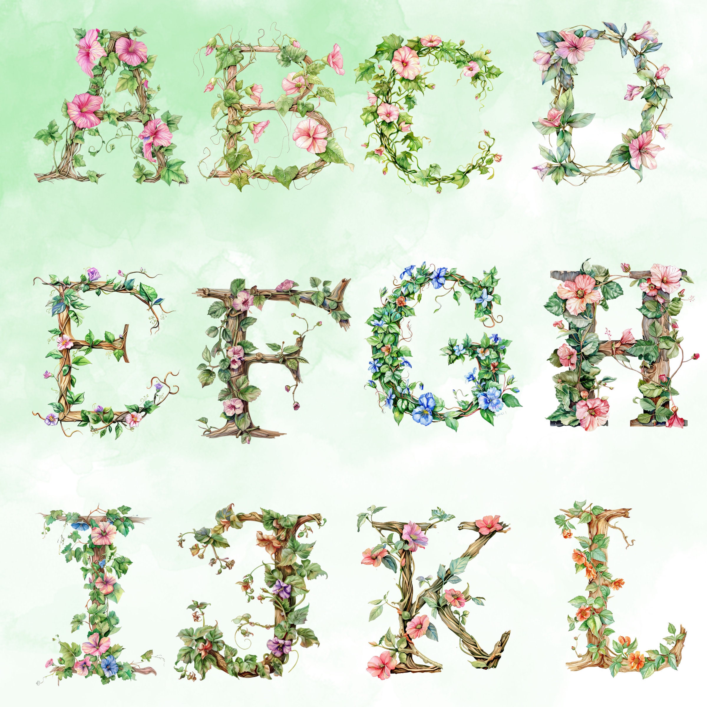 Vine Alphabet Clipart. 26 Transparent Images, 300 DPI, Pngs, Instant ...