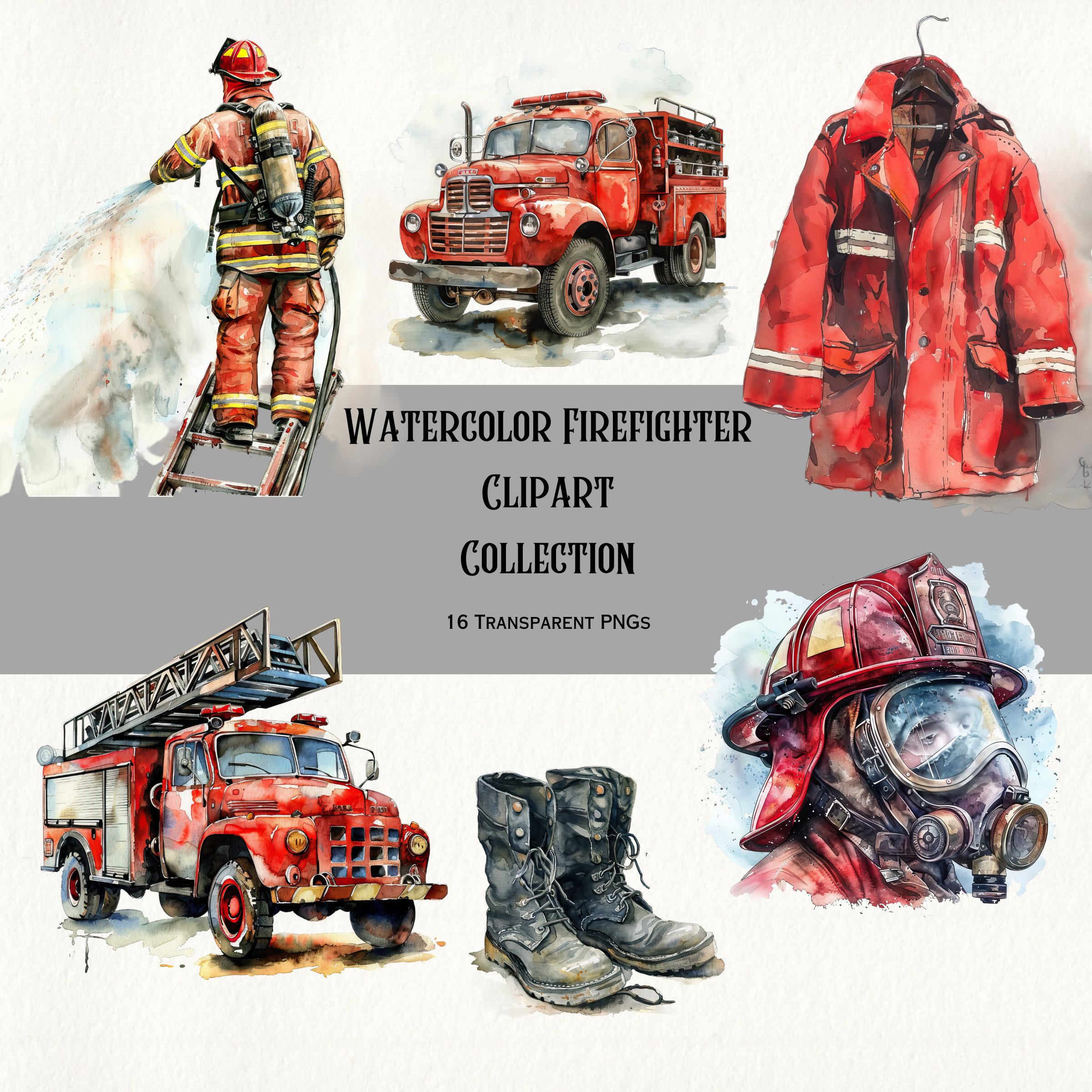 Firefighter Clipart. 16 Watercolor Images, Pngs, 300 DPI, Instant ...