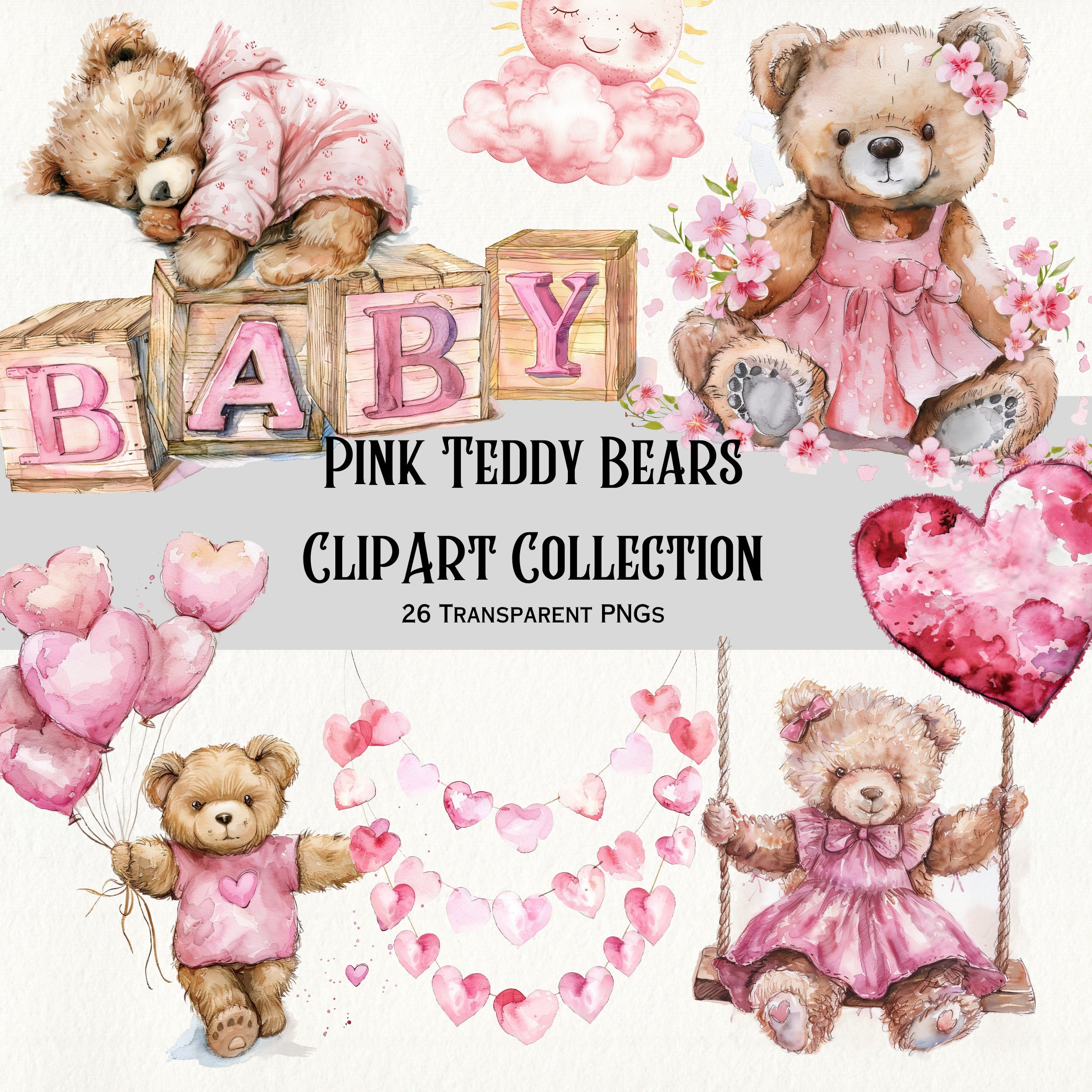 Pink Teddy Bear Clipart. 26 Pngs, 300 DPI, Instant Download ...