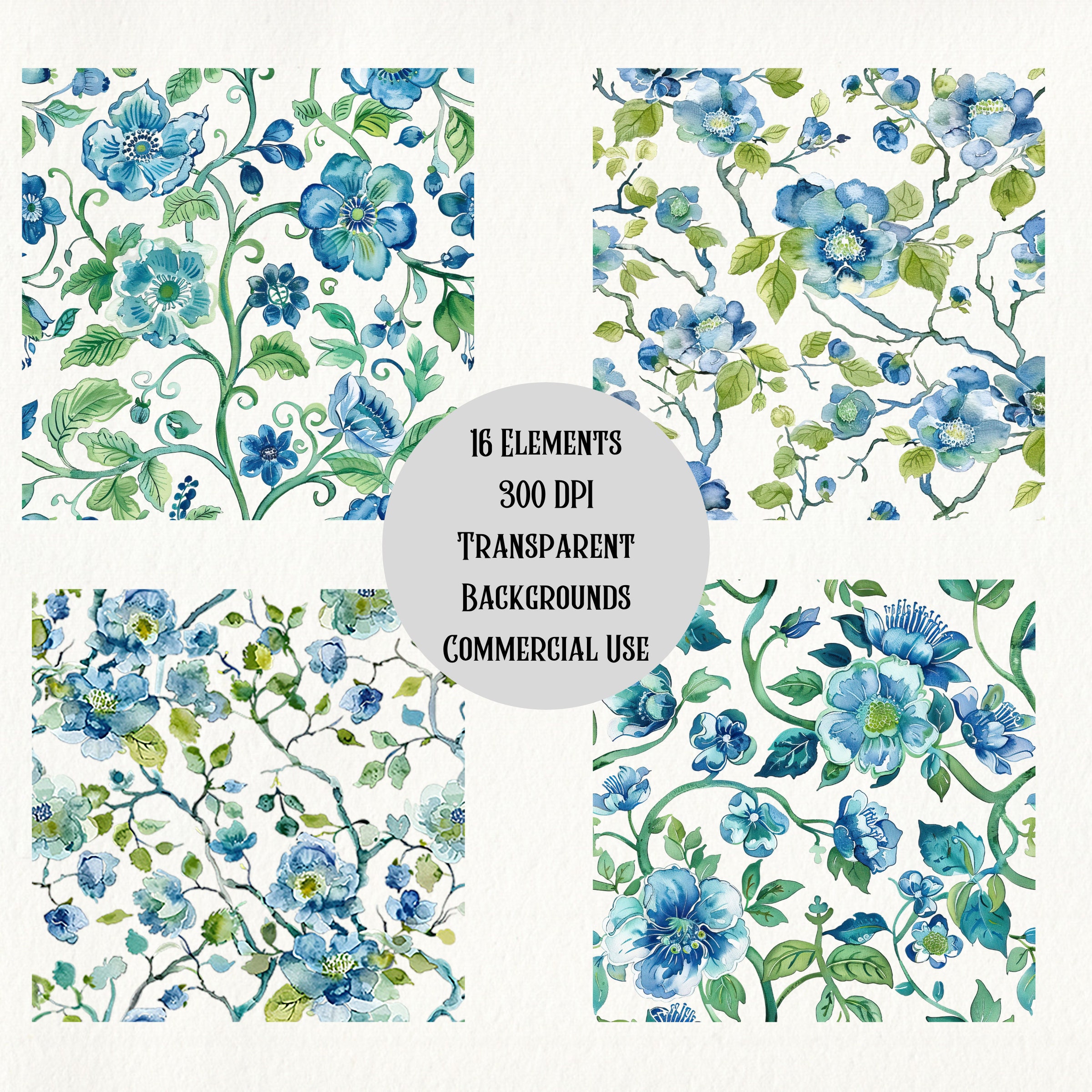 Blue Floral Clipart. Blue Chinoiserie, Transparent, 16 Elements, 300 ...