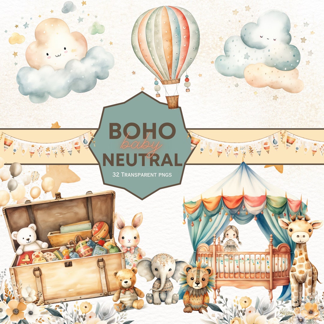 Baby Clipart, Boho, Folk Art, Neutral Baby Images. 300 DPI, Transparent ...