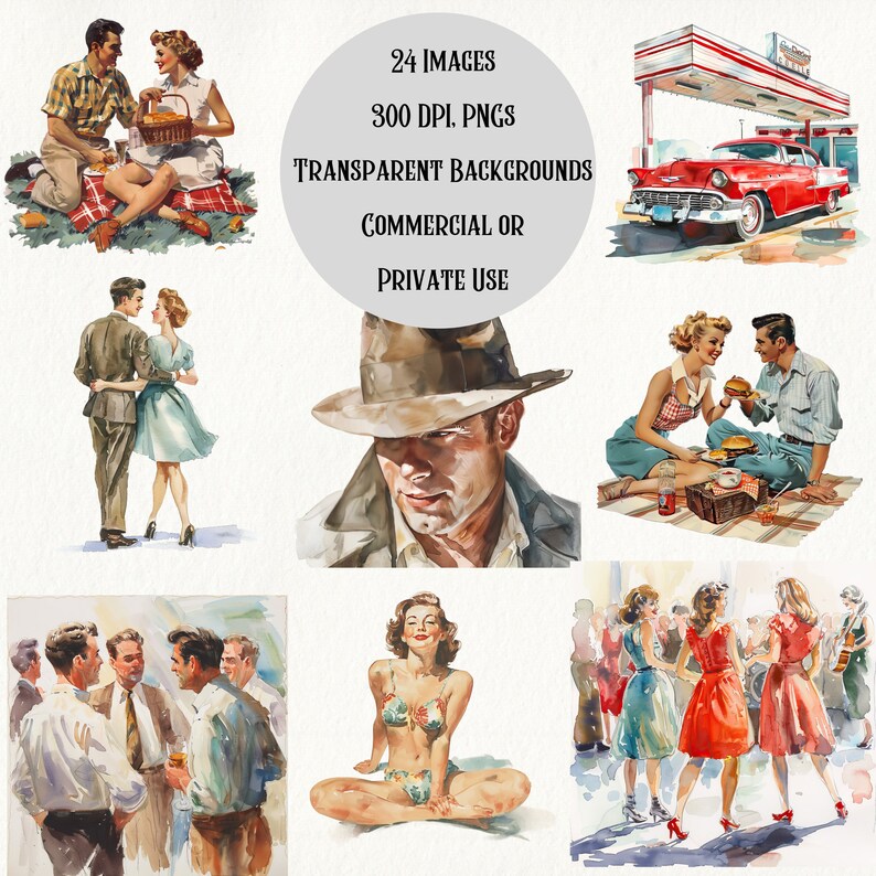 1950's Clipart. 24 Elements, 300 DPI, Pngs, Instant Download and Transparent Background. 50's ...