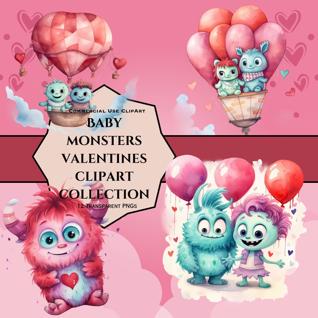 Baby Monsters Valentines! Cute Monsters in Love. 12 Images, Transparent ...
