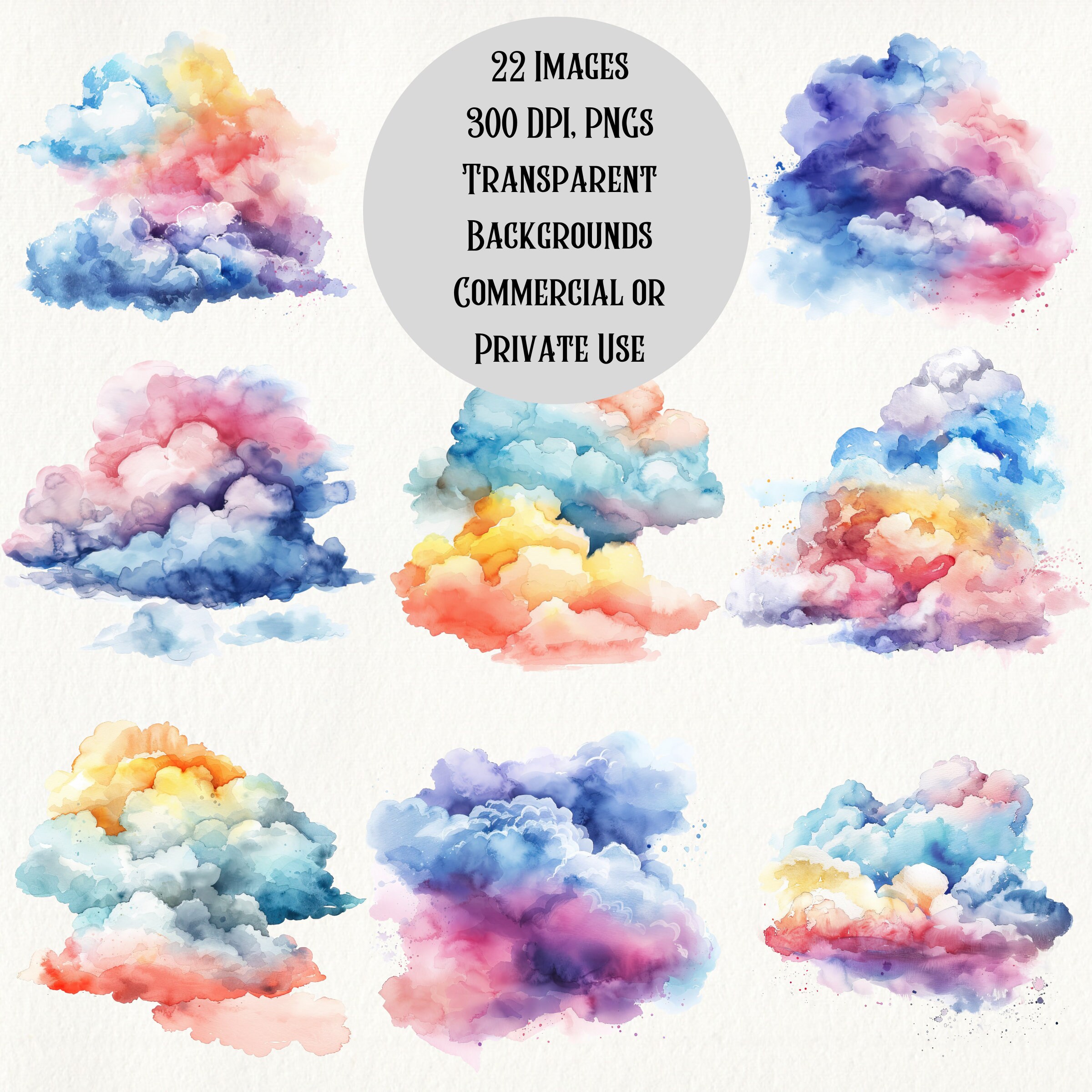 Cloud Clipart. 22 Colorful Cloud Images, 300 DPI, Pngs, Instant ...