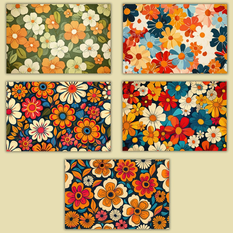 70's Florals and Patterns. 70's, Retro Flowers, Digital Papers ...
