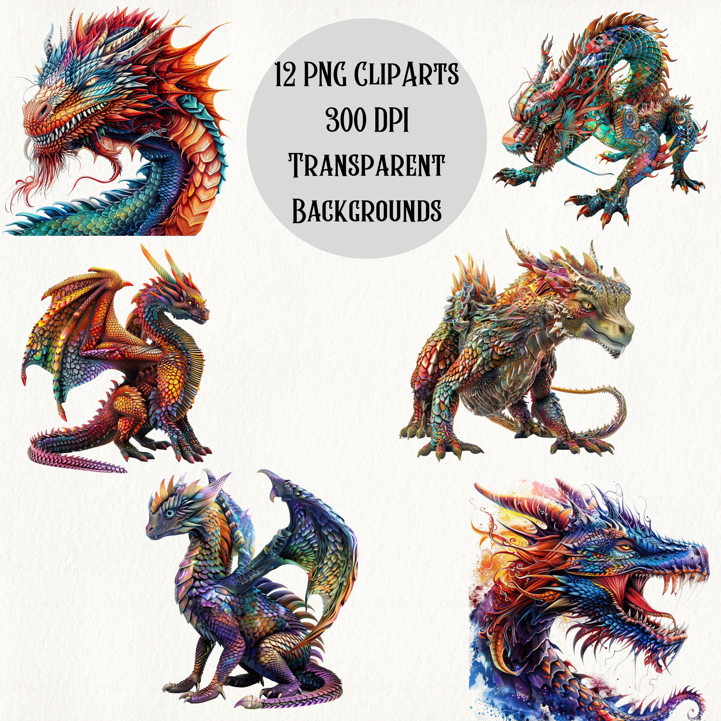 Dragon Clipart and Digital Papers. 300 DPI, 12 Pngs With Transparent ...